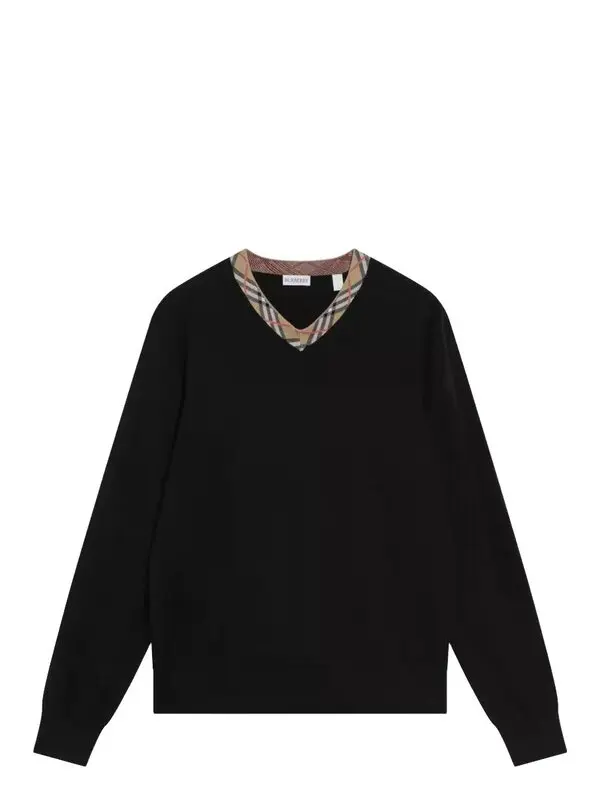 Burberry V-neck Sweater With Check Trim - Black