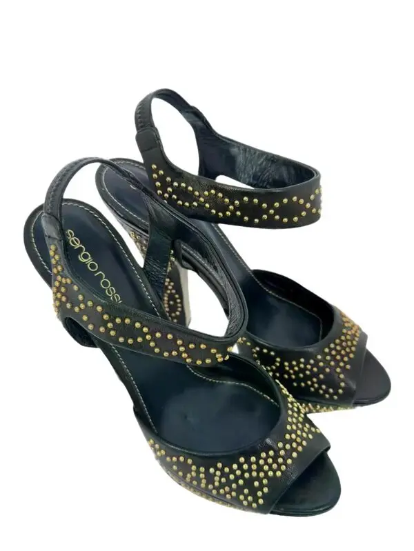 SERGIO ROSSI Leather Gold-tone Studded Platform Sandals - Black