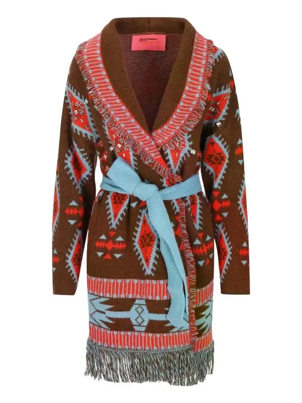 COLOUR MARKET Geometric Pattern Fringed Cardigan With Crystal Embellishments - Brown
