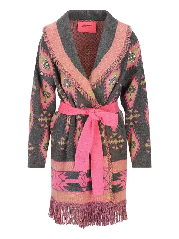 COLOUR MARKET Geometric Pattern Fringed Cardigan With Crystal Embellishment - Grey