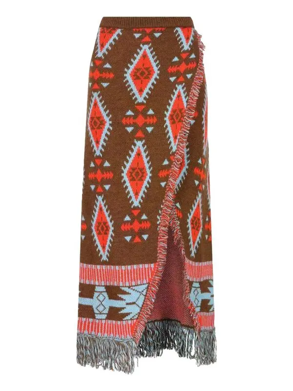 COLOUR MARKET Fringed Intarsia-knit Maxi Skirt - Brown