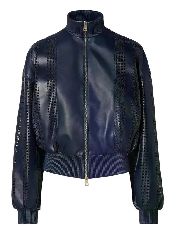 Fendi Perforated Nappa Leather Bomber Jacket - Blue