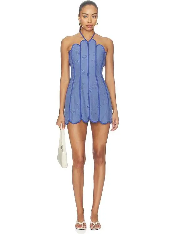 Azulu Halterneck Mini Dress With Eyelet Detailing - Blue