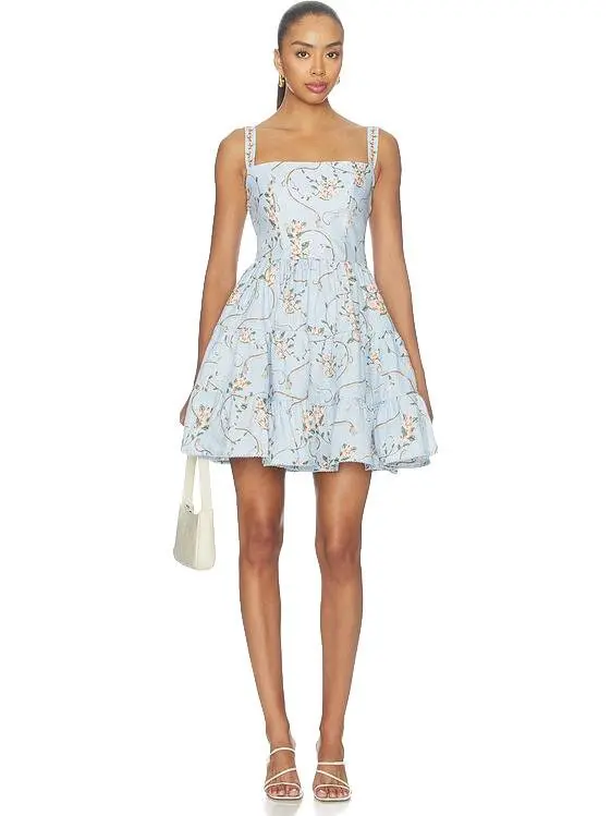 Agua Bendita Tiered Linen Dress With Embellished Straps - Blue