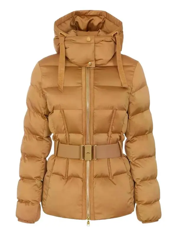 Elisabetta Franchi Down Jacket In Voile Fabric With Jewel Buckle Belt - Neutrals
