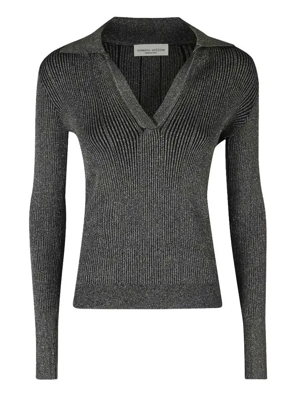 ROBERTO COLLINA Ribbed Polo-collar Sweater With Metallic Finish - Black
