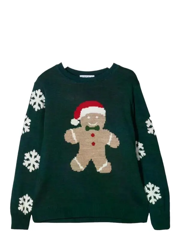 SIOLA Gingerbread Intarsia Snowflake Print Sweater - Green