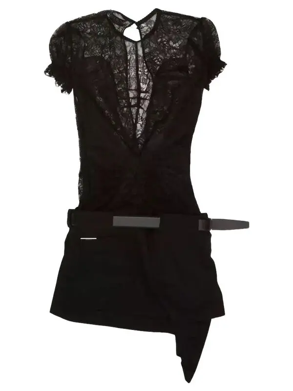 Attico Belted Lace-panelled Dress - Black