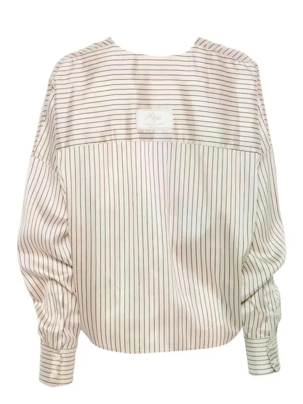 ALYSI Vertical Stripe V-neck Long Sleeve Blouse - Neutrals