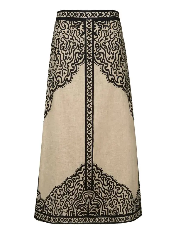 Johanna Ortiz Loose Horizon Embroidered Linen Maxi Skirt - Tan