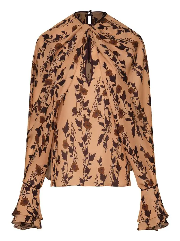 Johanna Ortiz Untamed Bloom Draped Silk Top - Tan
