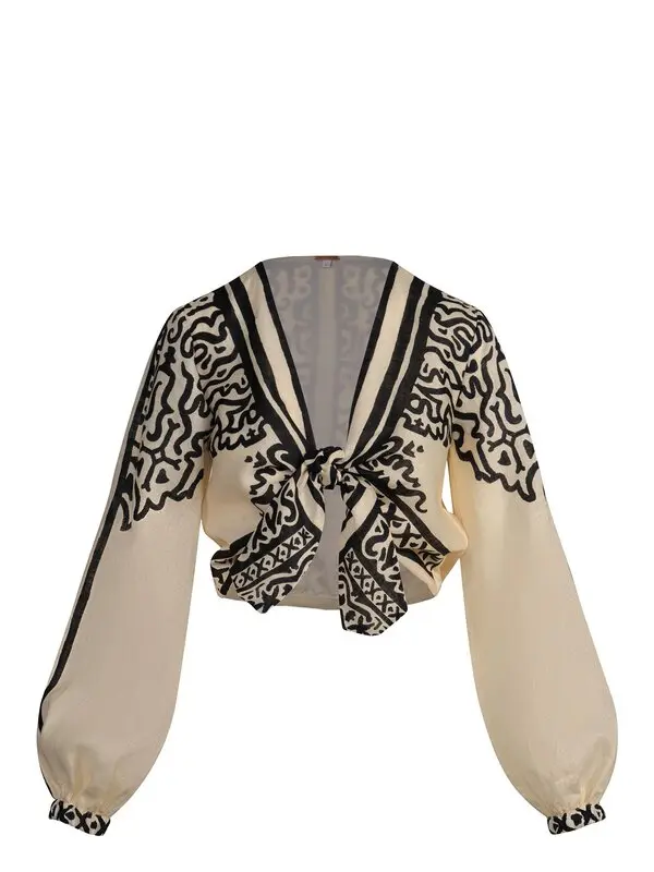 Johanna Ortiz Gentle Burn Linen Tied Top With Bishop Sleeves - Tan