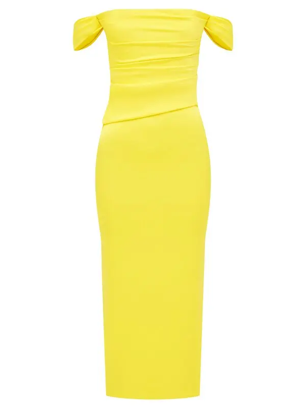 Alex Perry Off Shoulder Tucked Dress In Satin Crepe - Yellow