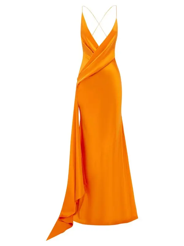 Alex Perry Bikini Wrap Asymmetric Gown W/ Sash In Silk Satin - Orange