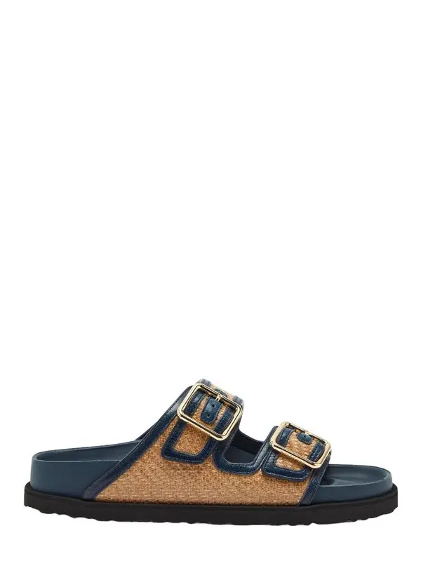 BIRKENSTOCK Arizona Framed Raffia And Leather Sliders - Navy