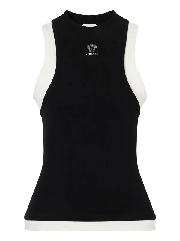 Versace Logo-embroidered Cotton-blend Jersey Tank - Black