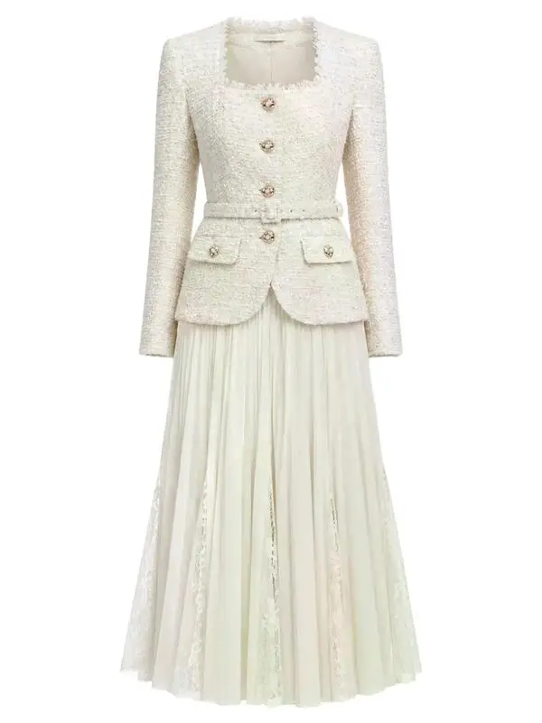 SELF-PORTRAIT Cream Tailored Boucle And Chiffon Midi Dress - Neutrals