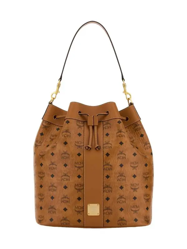 Mcm Dessau Bucket Bag In Coated Cotton With All-over Logo - Brown