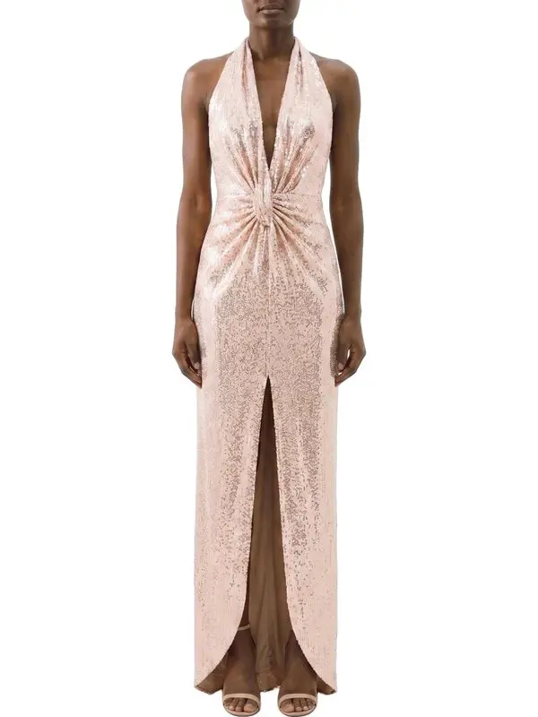 NISSA Long Sequin Evening Gown With Halter Neck - Nude