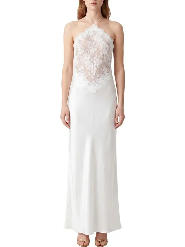Retrofete Halterneck Satin Bridal Slip Gown Retrorfete With Lace Inserts - Ivory