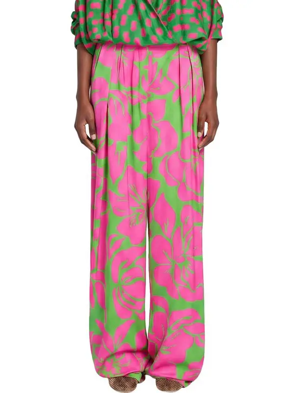 Dries Van Noten High-waisted Floral Print Satin Palazzo Pants - Green