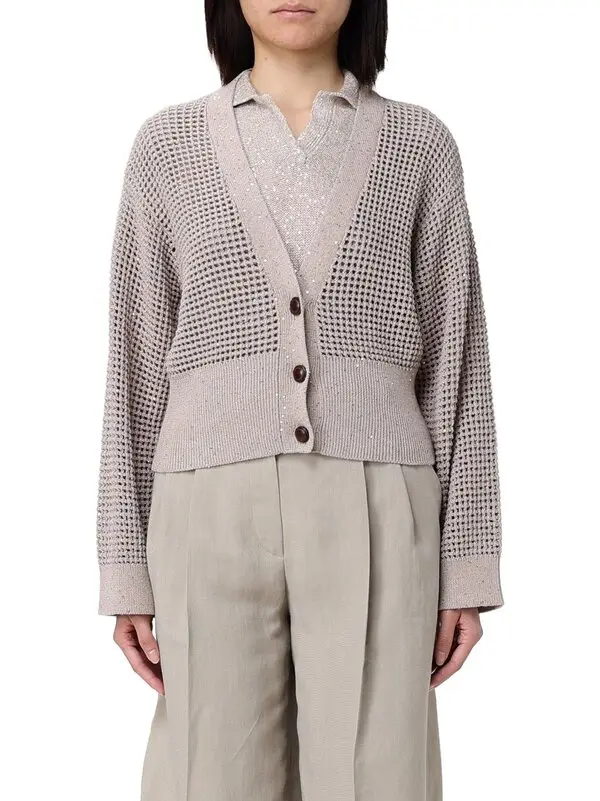 Brunello Cucinelli Perforated Cotton Cardigan With Sequins - Sand