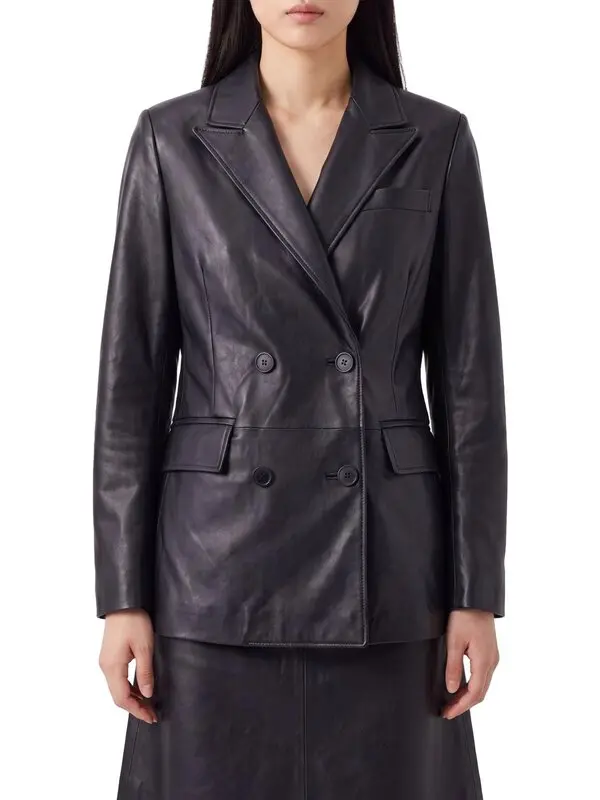 SALVATORE SANTORO Double-breasted Ovine Leather Blazer - Navy