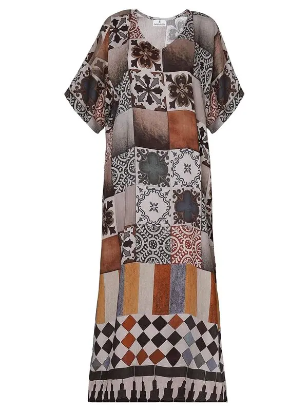 DHARA SHETH, DUBAI Dhara Sheth Dubai Celestial Tesserae Mosaic Print Cotton Kaftan Maxi Dress - Brown