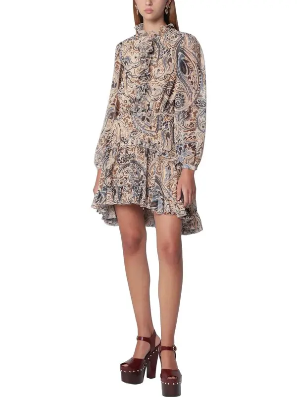 Etro Beige Ruffle Dress With Multicolour Print - Multicolor