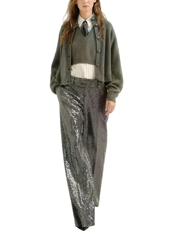 Brunello Cucinelli Dazzling Texture Embroidery Loose Flared Trousers In Virgin Wool Flannel - Grey