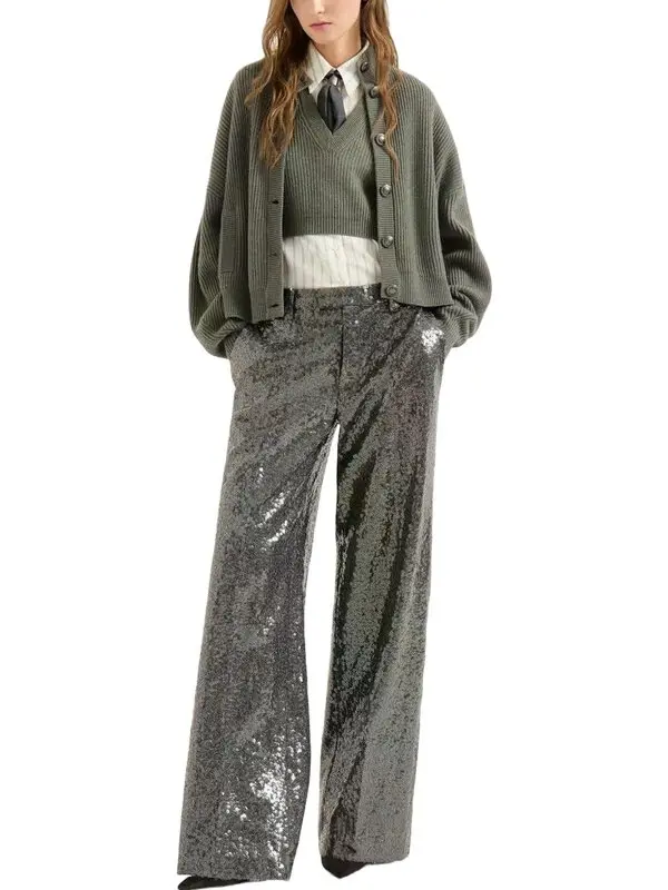 Brunello Cucinelli Virgin Wool Flannel Loose Flared Trousers With Dazzling Texture Embroidery - Grey