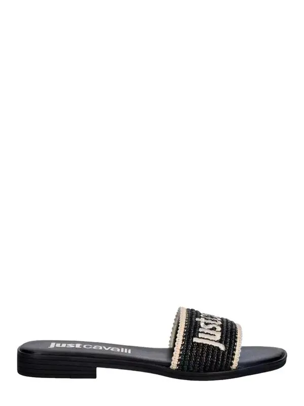 Just Cavalli Logo-embroidered Raffia-effect Flat Sandals - Black