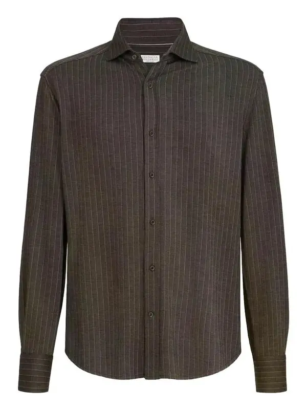 Brunello Cucinelli Virgin Wool, Silk And Cotton Chalk Stripe Piqué Shirt With Spead Collar - Brown