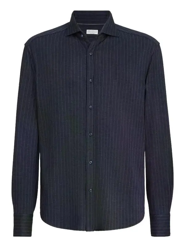 Brunello Cucinelli Virgin Wool, Silk And Cotton Chalk Stripe Piqué Shirt With Spead Collar - Blue