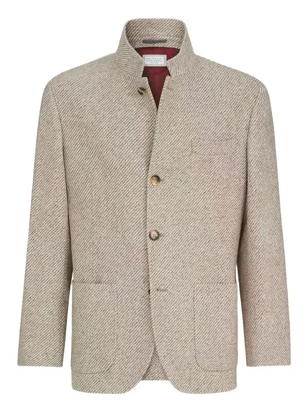 Brunello Cucinelli Cashmere And Silk Diagonal Outerwear Blazer With Patch Pockets - Neutrals