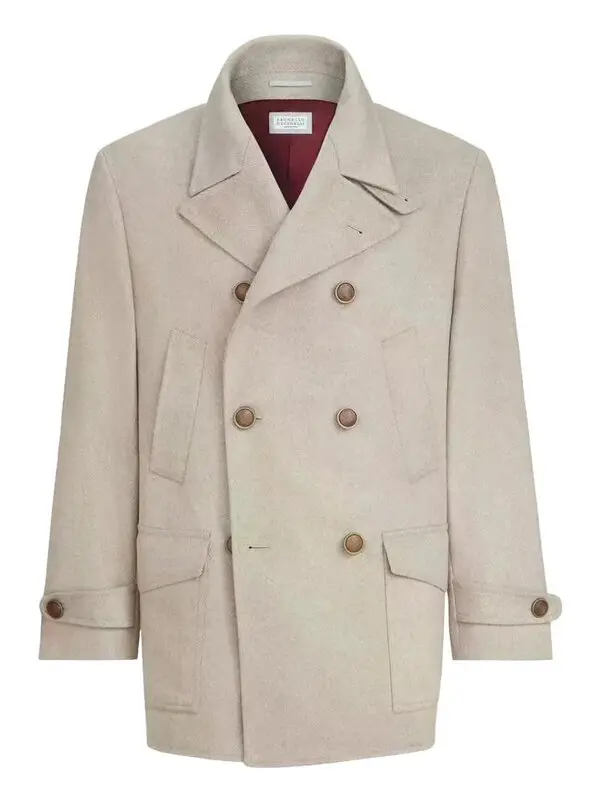 Brunello Cucinelli Cashmere Chevron Flannel Pea Coat - Neutrals