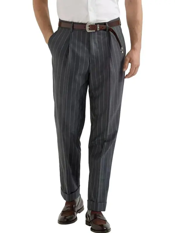 Brunello Cucinelli Super 150s Virgin Wool Wide Chalk Stripe Batavia Trousers With Pleat - Grey