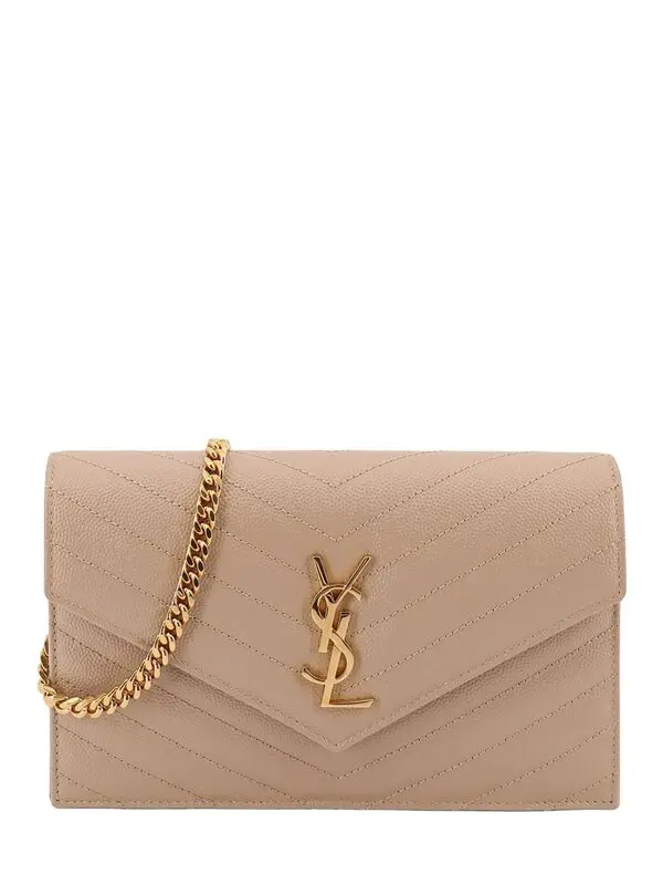 Saint Laurent Leather Shoulder Bag With Metal Cassandre Logo - Beige