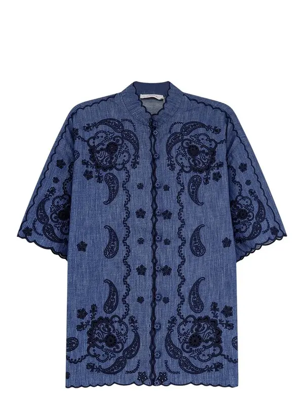 Zimmermann Aster Denim Shirt With All-over Contrasting Embroidery - Blue