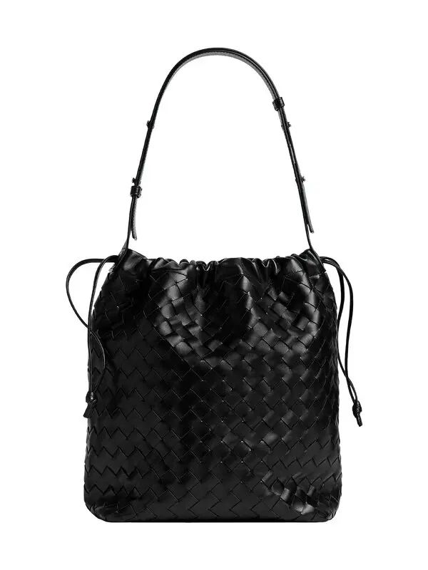 Bottega Veneta Bucket Intrecciato Biblioteca Leather Shoulder Bag - Black