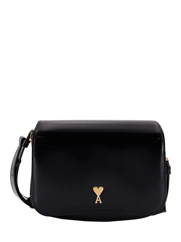 AMI Paris Leather Shoulder Bag With Metal Logo On The Front - Black