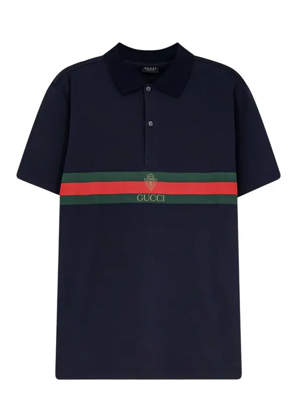 Gucci Cotton Polo Shirt With Web Print On The Front - Blue
