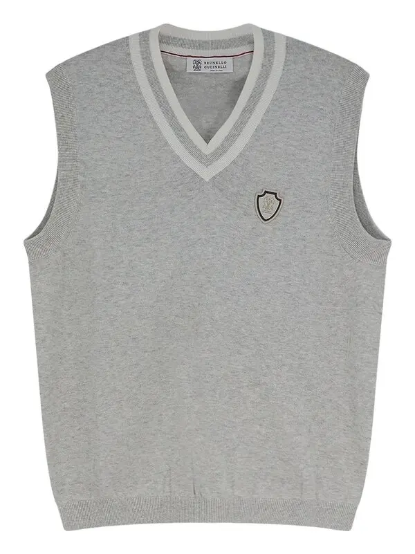 Brunello Cucinelli Cotton V-neck Vest With Logo Patch - Grey