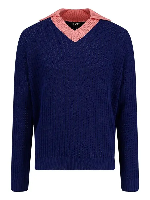 Fendi Cotton Sweater With Contrasting Collar - Blue