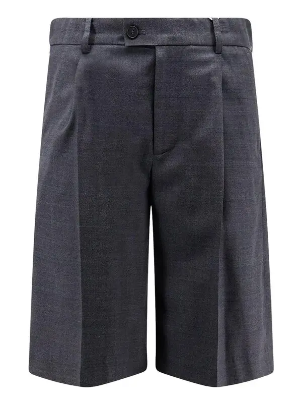 DUNST Pleated Check Wool Blend Bermuda Shorts - Grey