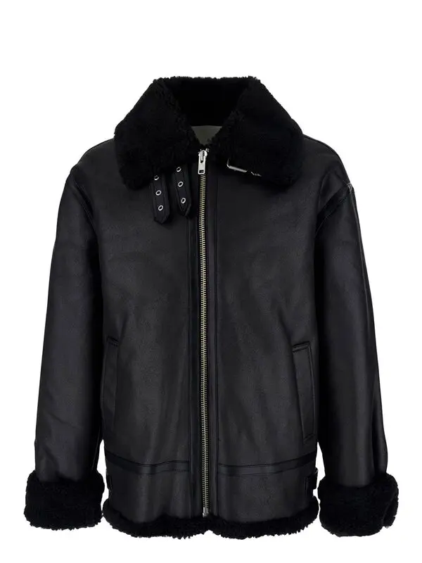 DUNST Shearling Jacket With Faux Fur Collar - Black