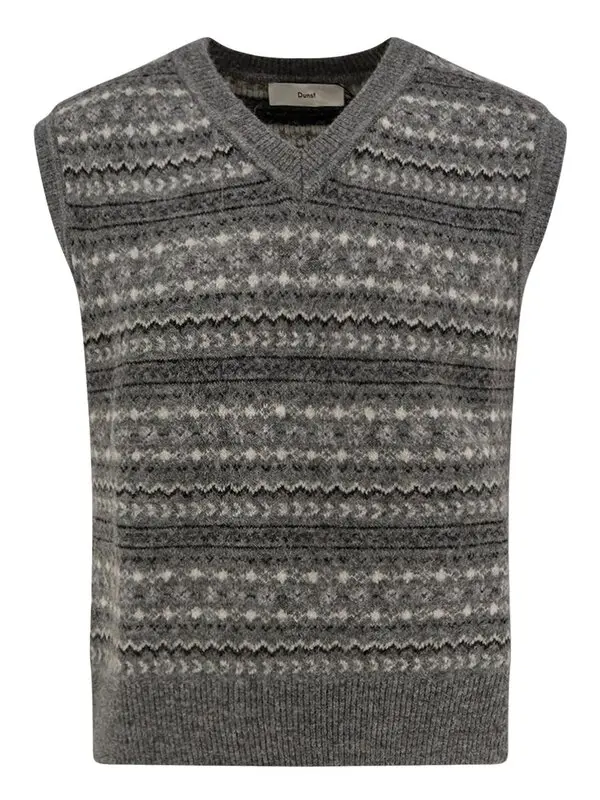 DUNST Fair Isle V-neck Waistcoat - Grey