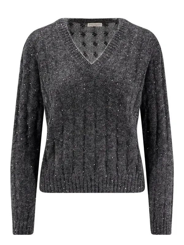 Brunello Cucinelli Wool Blend Sweater With All-over Sequins - Grey