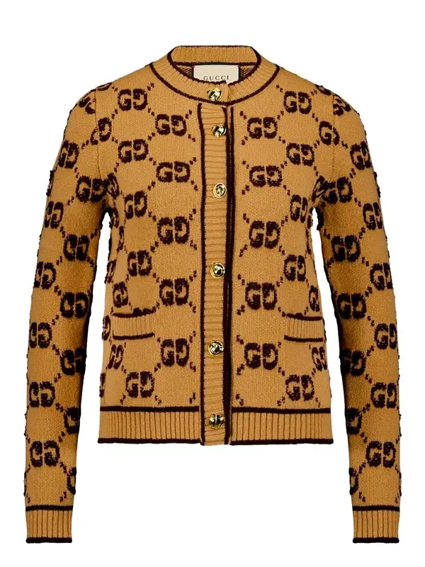 Gucci Wool Cardigan With Gg Inlay - Brown