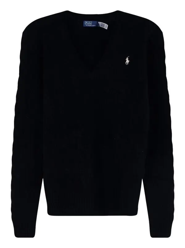 Polo Ralph Lauren Wool And Cashmere Blend V-neck Sweater With Embroidered Logo - Black